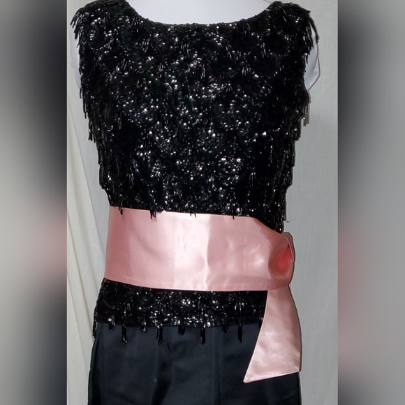 Jo-Ro Imports | Tops | Vintage Black Sequin Shell Wide Pink Satin Sash ...